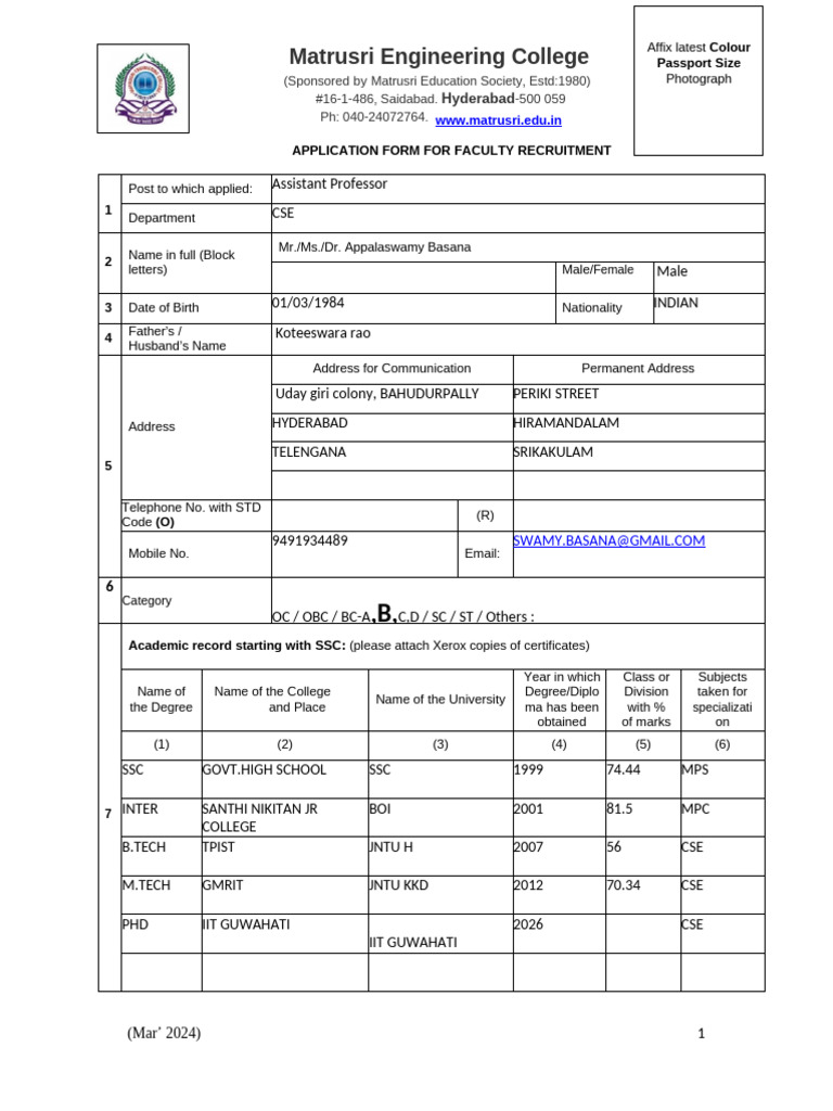 Faculty Appl Form March 2024 | PDF