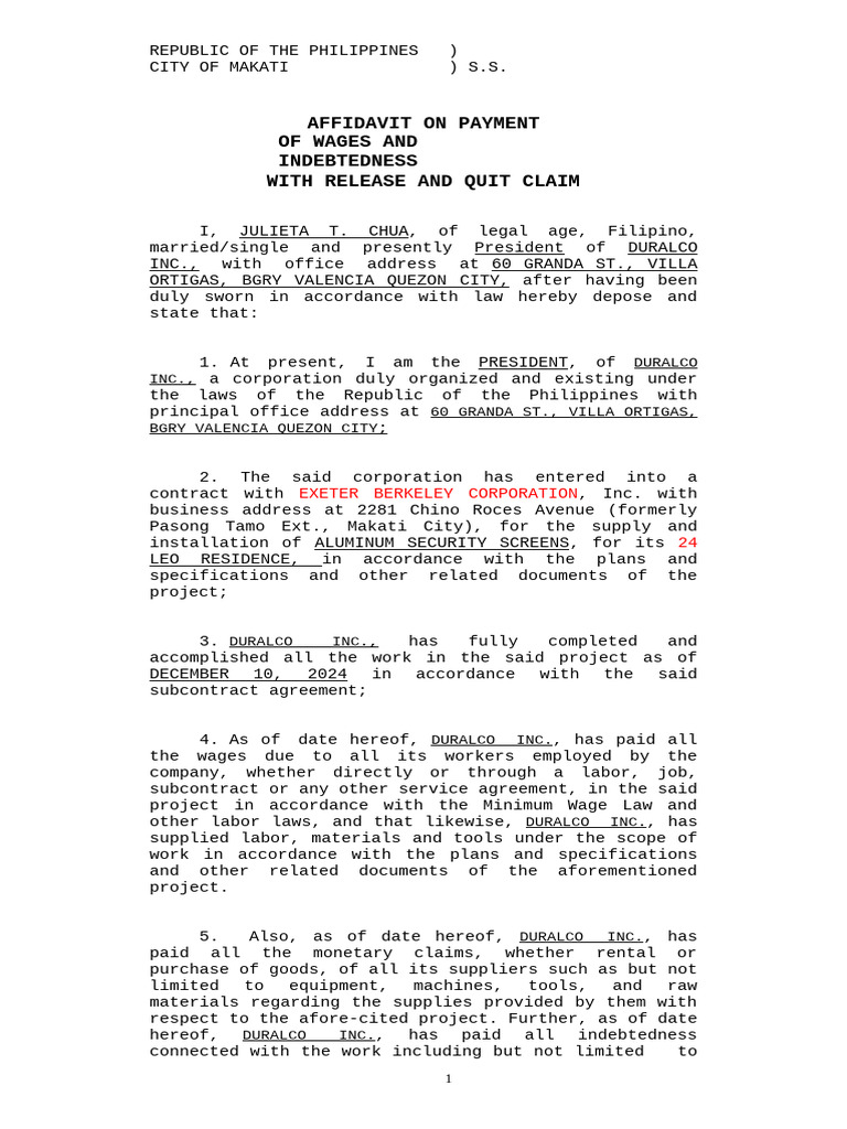 Affidavit of Release and Quit Claim_Leo Residence_EXETER | PDF | Affidavit | Debt