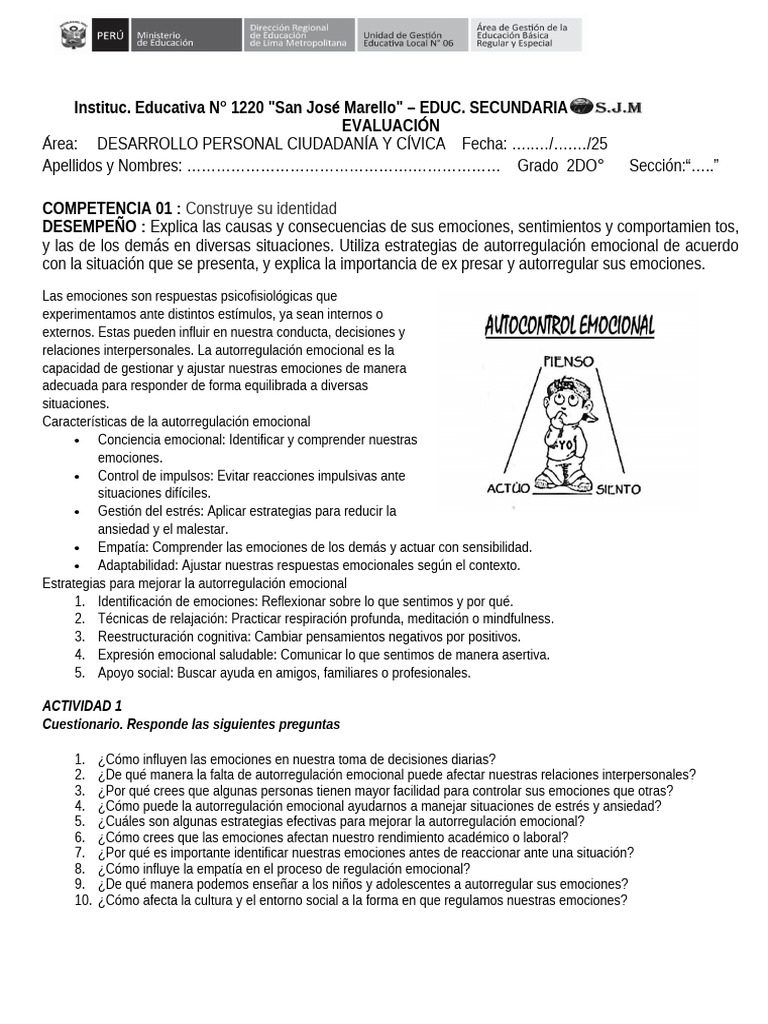 Evaluación DPCC 2do | PDF | Las emociones | Autorregulación emocional