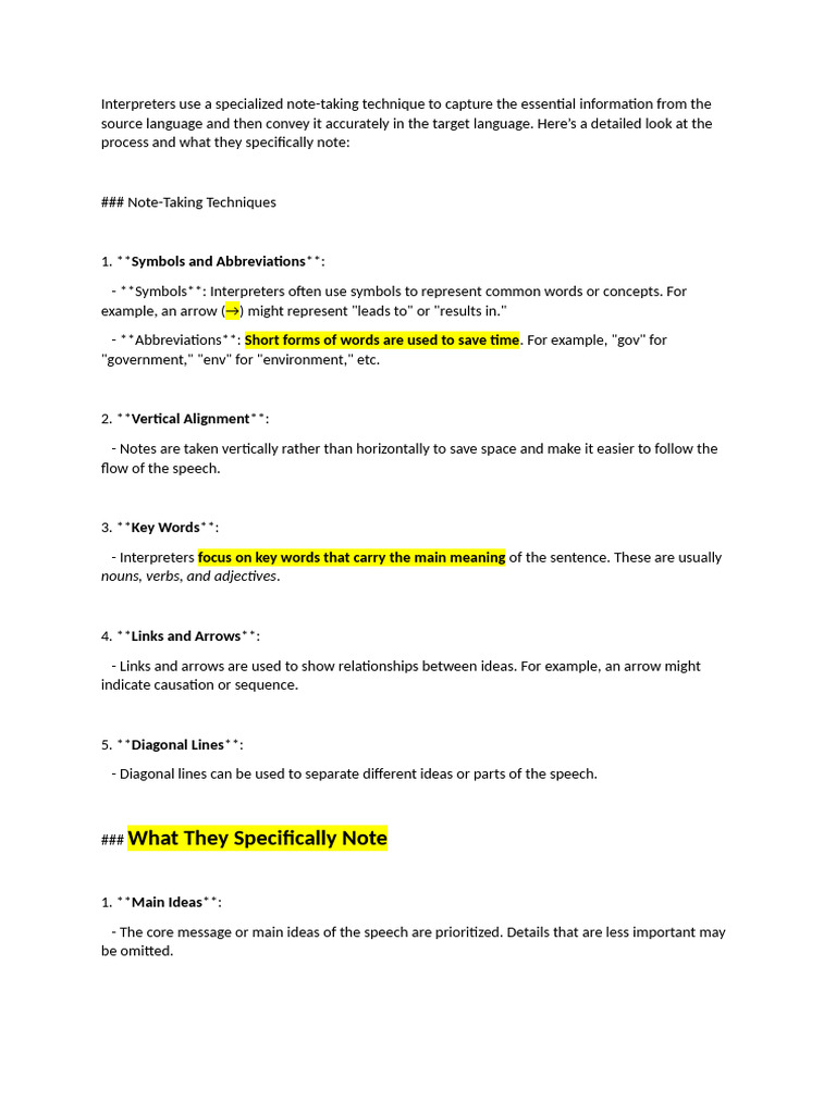specialized note-taking technique for interpreters | PDF | Word | Symbols