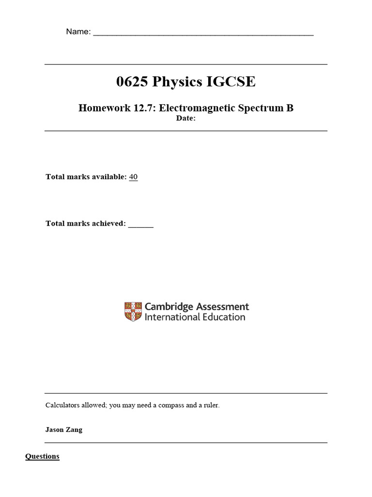Electromagnetic Spectrum Homework 12.7 | PDF | Electromagnetic ...