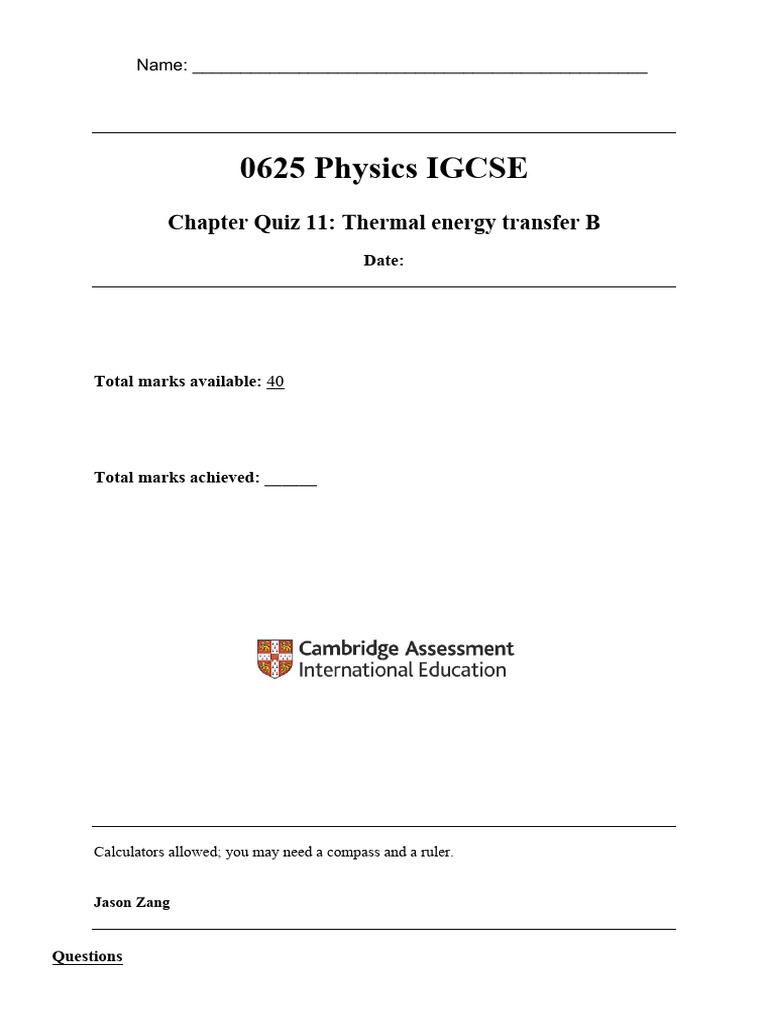 IGCSE Physics Quiz: Thermal Energy Transfer | PDF | Heat | Water