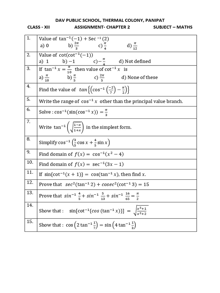 Class 12 - Maths Assignment - Chapter 2-1 | PDF