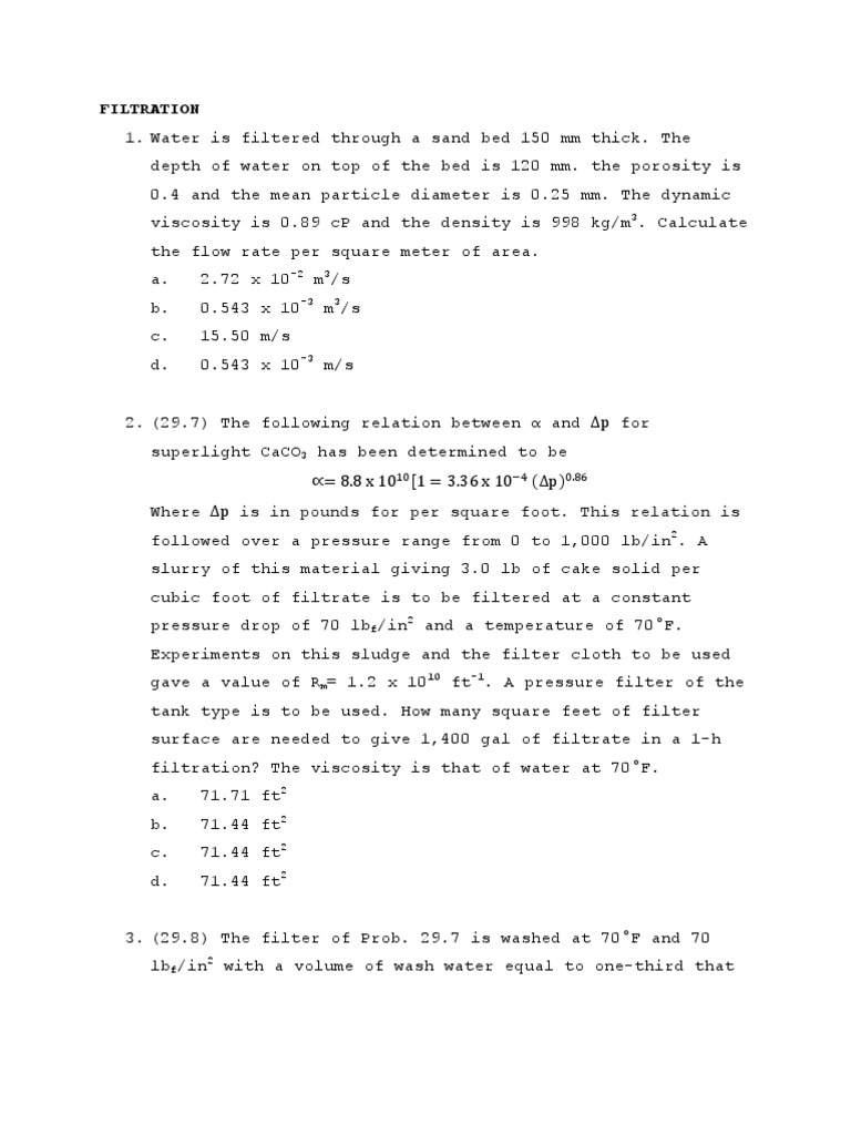 Filtration Practice Problems and Solutions | PDF | Filtration | Liquids