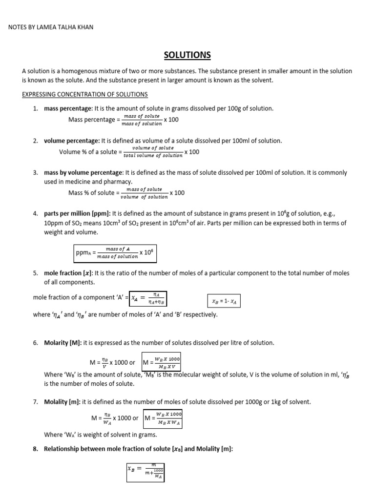 Chapter 1-SOLUTIONS School Notes | PDF | Solubility | Osmosis