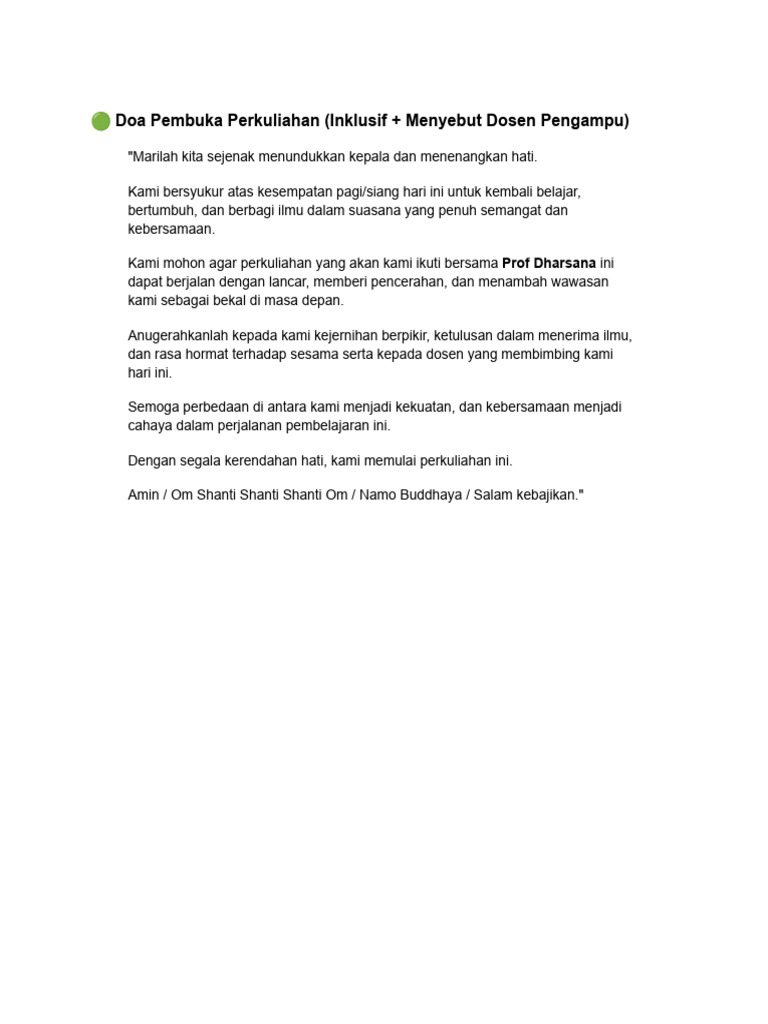 Doa Pembuka dan Penutup Perkuliahan | PDF