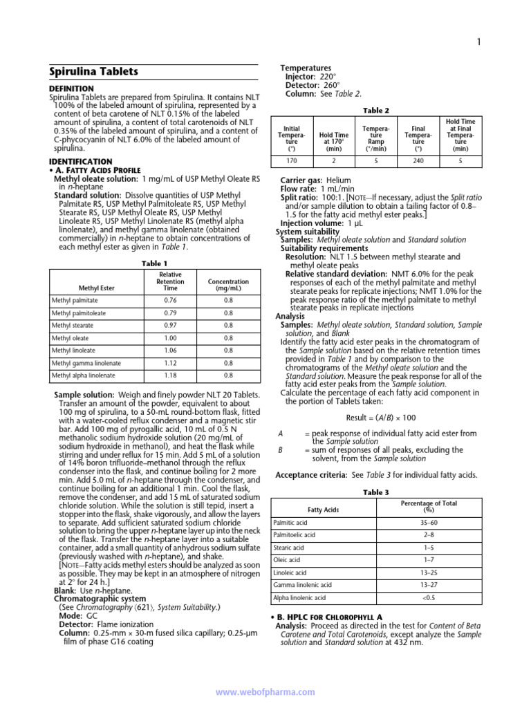 Spirulina Tablets: Composition & Analysis | PDF | Acid | Fatty Acid