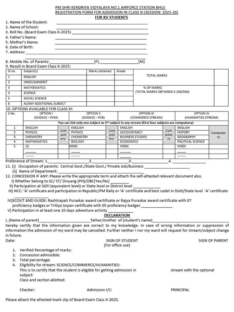 Class - Xi Admission Performa 2025-26 | PDF