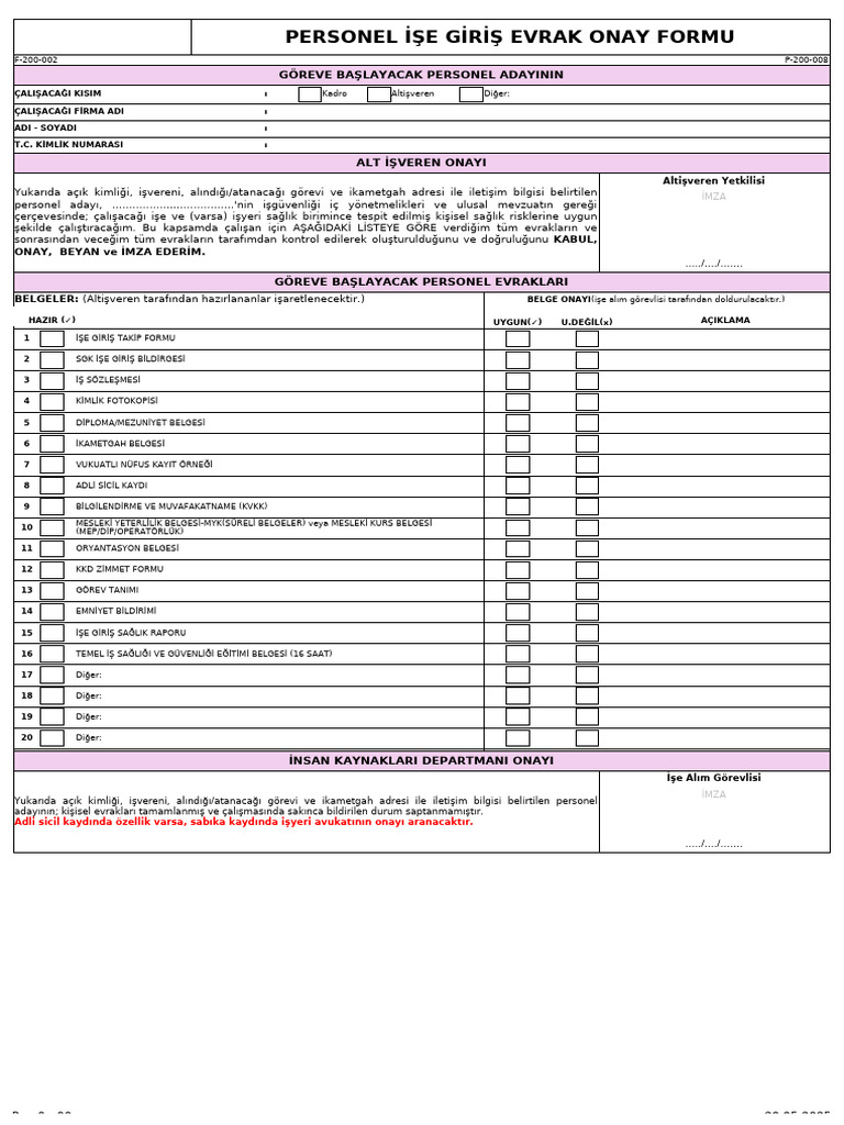 Personel İşe Giriş Evrak Onay Formu | PDF