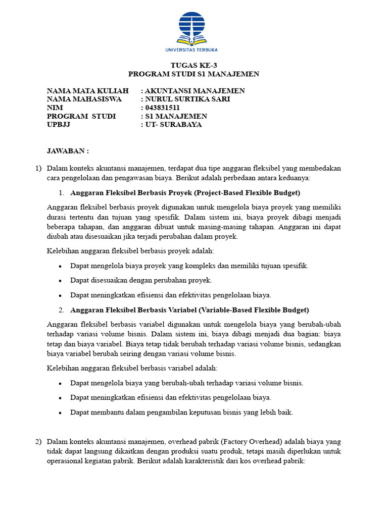 Tugas 3 Akuntansi Manajemen (Nurul Surtika Sari-043831511) | PDF