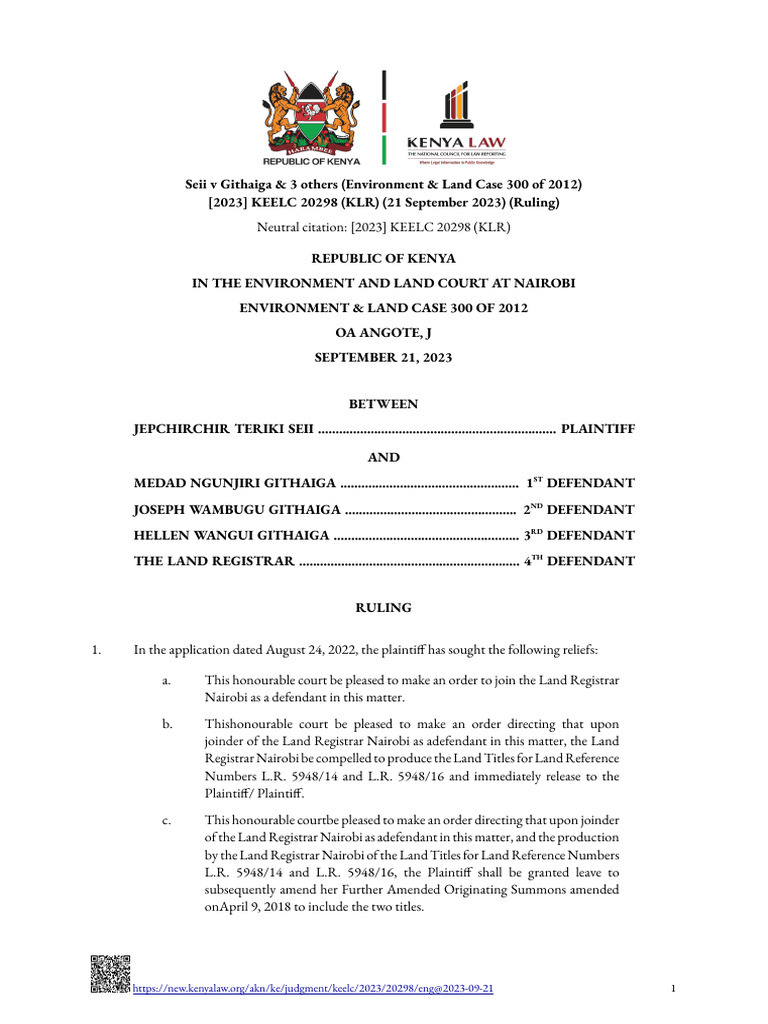 Seii v Githaiga: Land Case Ruling 2023 | PDF | Lawsuit | Joinder