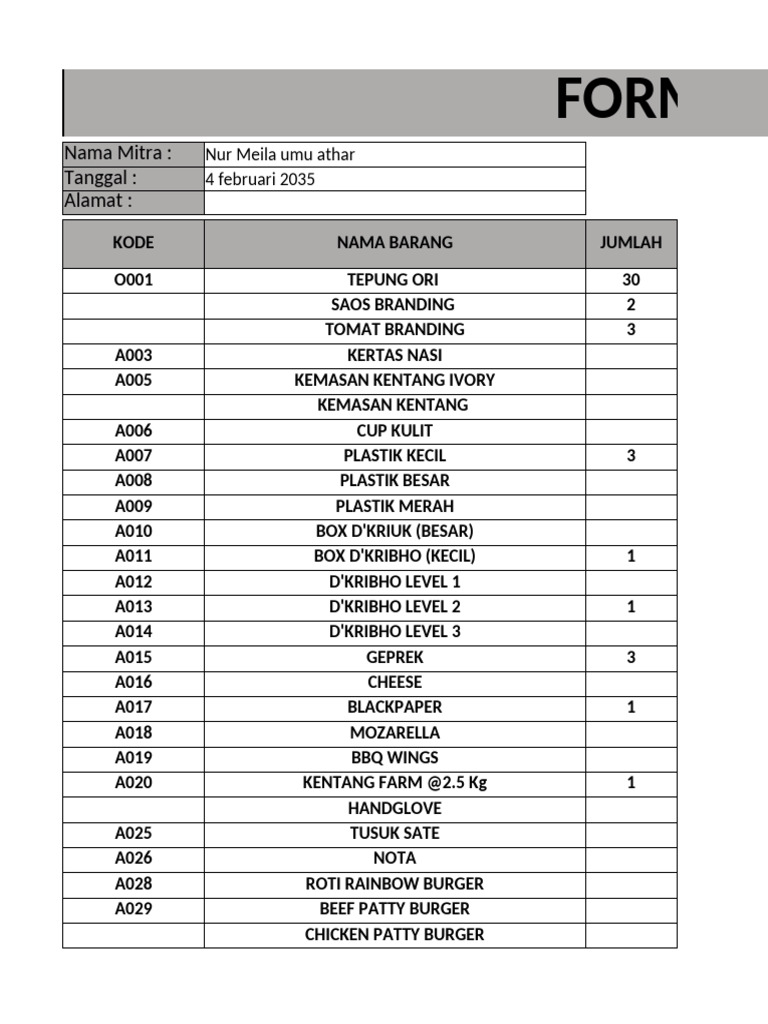 Form ORDERAN BAHAN BAKU NEW | PDF | Western Cuisine | Meat Dishes