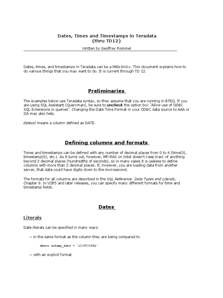 Teradata Date & Time Handling Guide | PDF | Sql | Interval (Music)