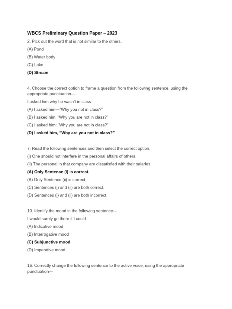 WBCS Preliminary Question Paper | PDF | Part Of Speech | Syntax