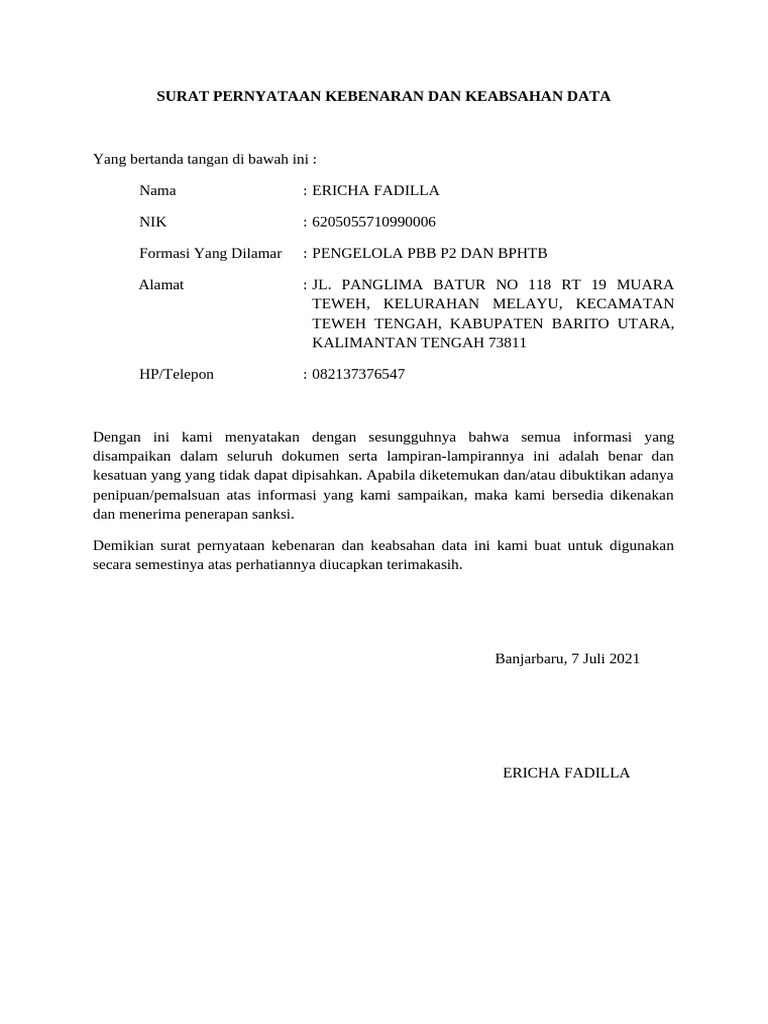 Surat Pernyataan Kebenaran Data Ericha Fadilla | PDF