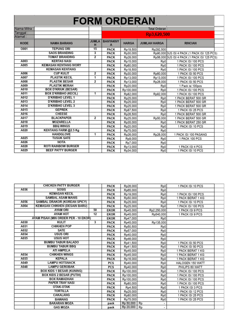 Form ORDERAN BAHAN BAKU NEW | PDF | Foods | Cuisine