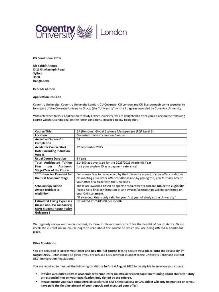 Sabbir Ahmed 16649435 LONU052 9 - 2025 Offer Letter | PDF | Travel Visa ...