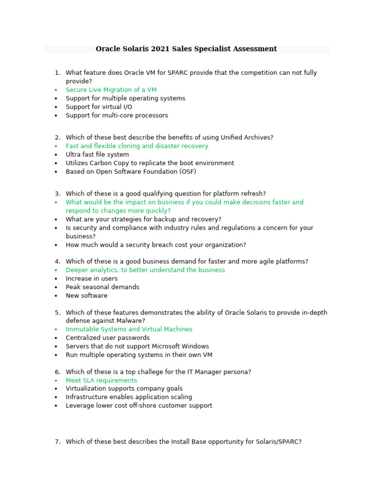 Oracle Solaris 2021 Sales And Solution Engineer Specialist Assessment Pdf Mainframe Computer