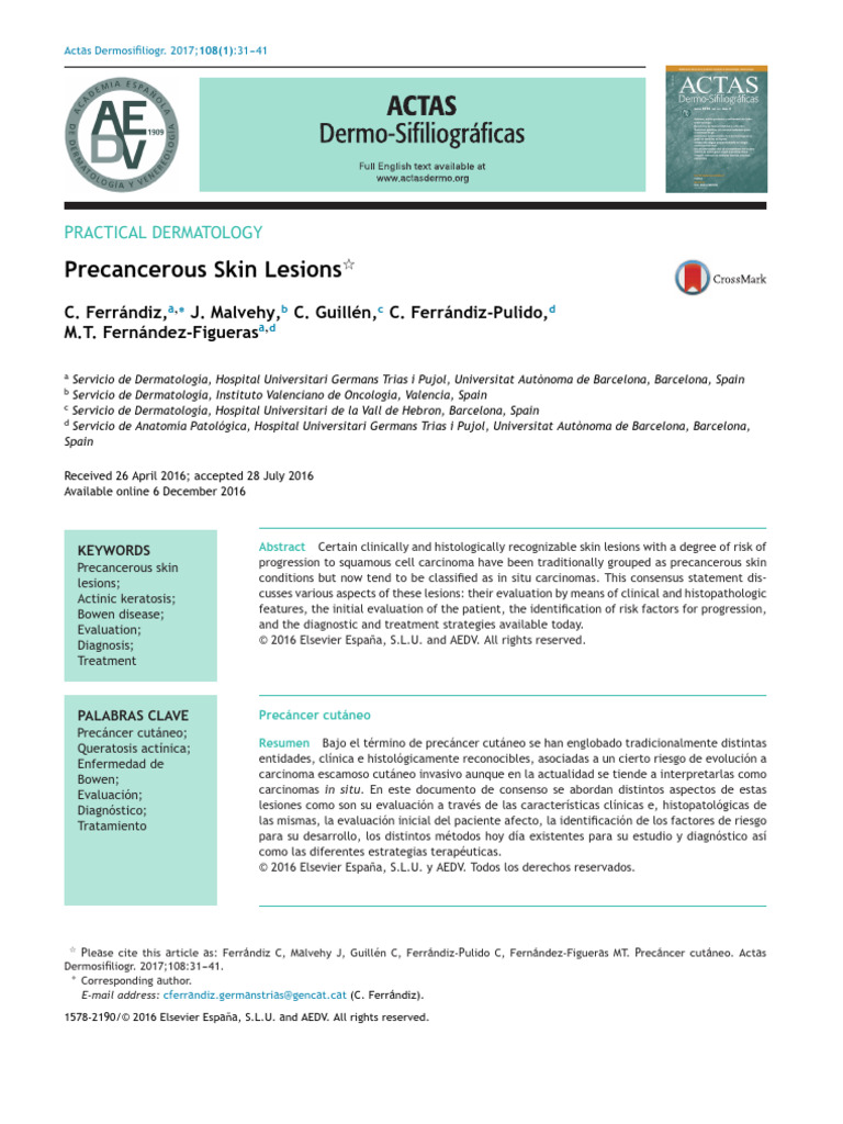 Precancerous Skin Lesions | PDF | Epidermis | Medicine