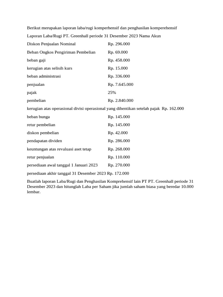 Soal Laba Rugi Komprehensif | PDF