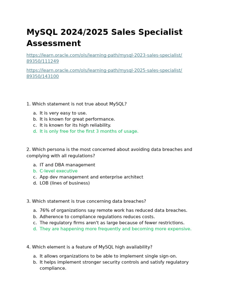 MySQL 2024 Sales Specialist Assessment | PDF | My Sql | Databases