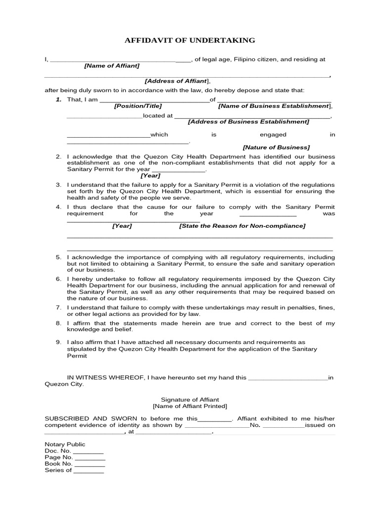 Affidavit of Undertaking Template QC Sanitary Permit | PDF | Affidavit | Justice