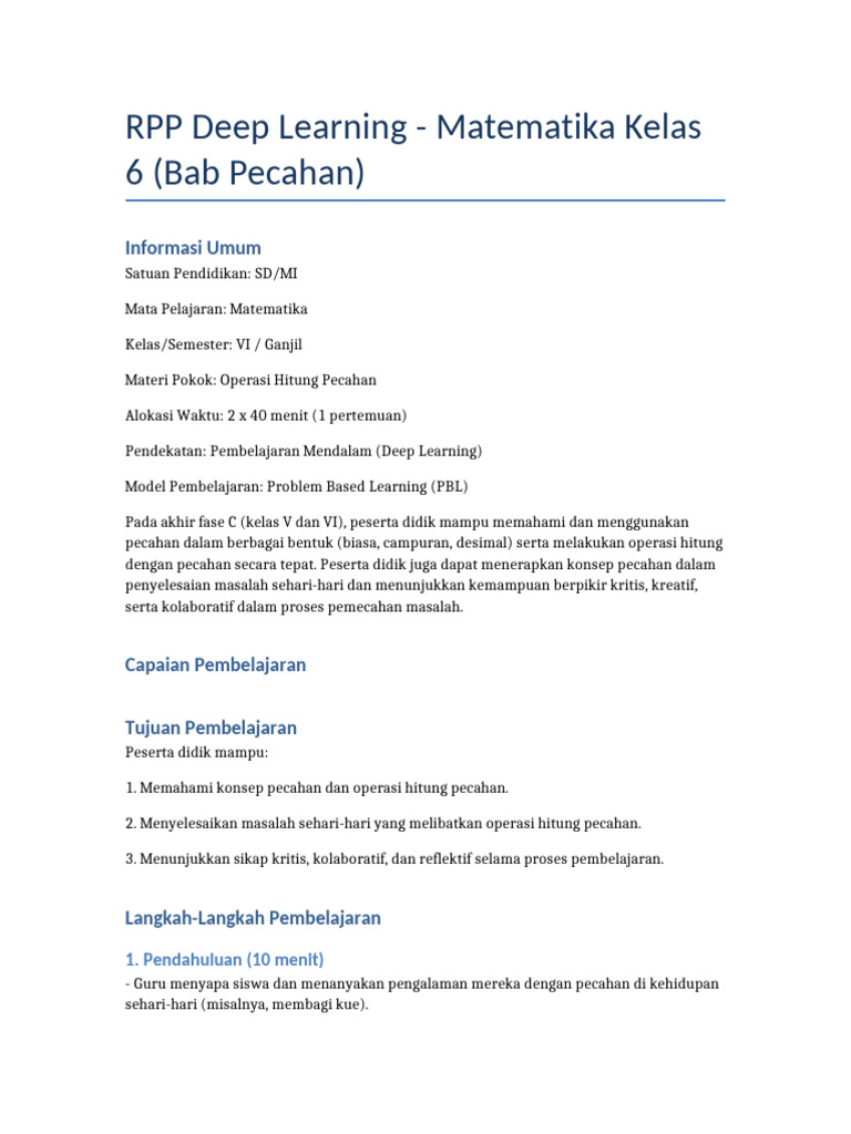 RPP Deep Learning Matematika Kelas6 Pecahan CPLLengkap | PDF