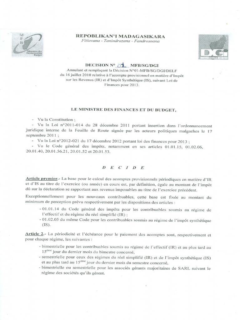 2013 01 14 N 01 MFB - Sg.dgi - DLFC Acompte Sur Ir | PDF