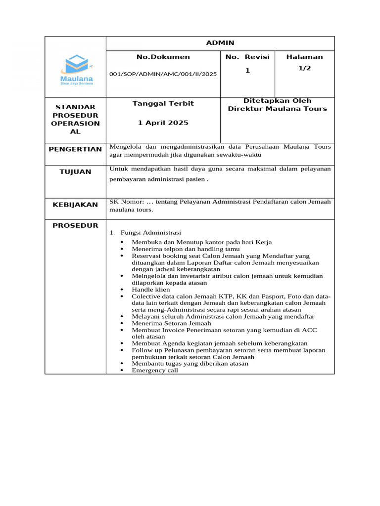 Sop Admin | PDF