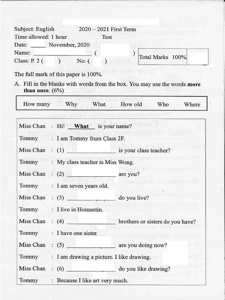 P2 20-21 First Term English Test | PDF