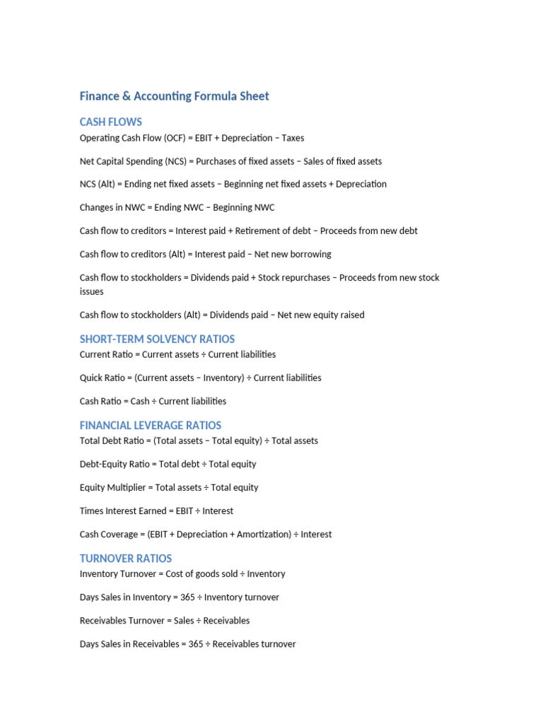 Complete_Finance_Formula_Sheet | PDF | Equity (Finance) | Net Present Value