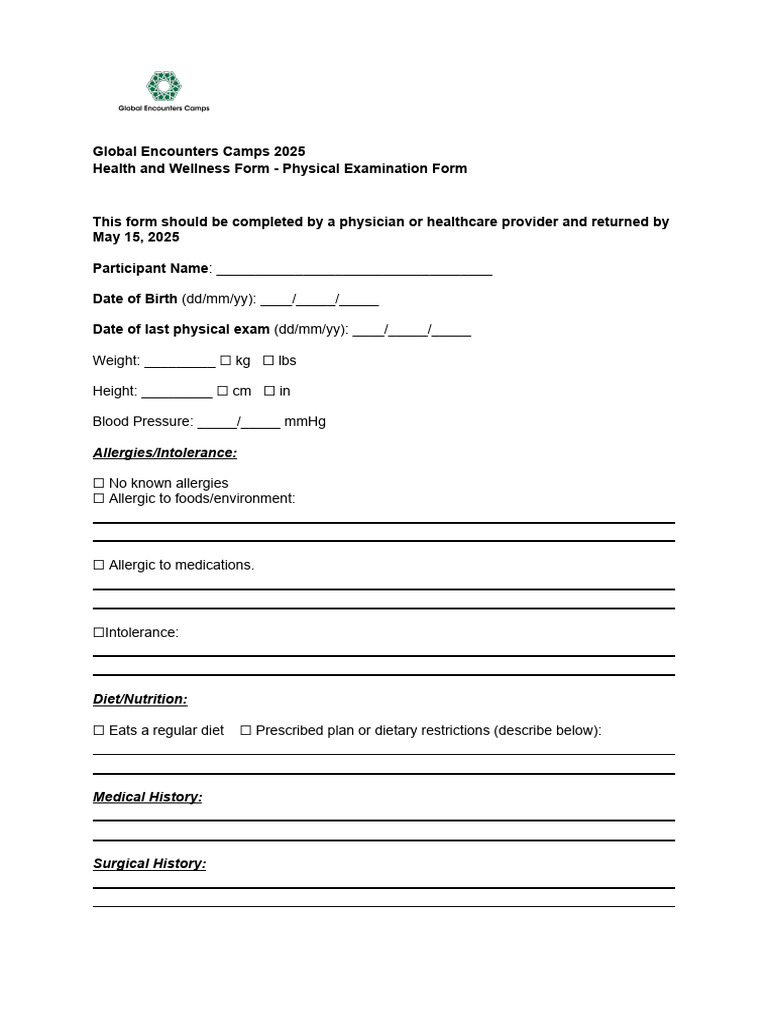 FINAL 2025 Participant Physical Examination | PDF | Medicine | Health Care