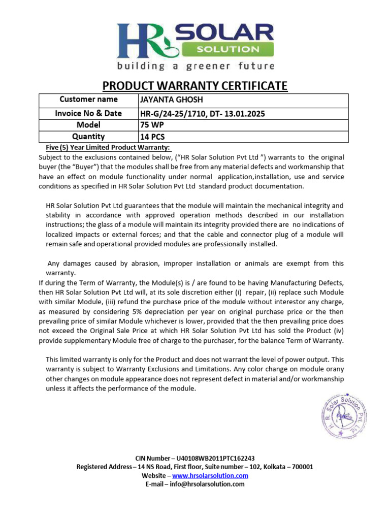 Anant Solar Warranty (Inv No - 1903) 1 | PDF