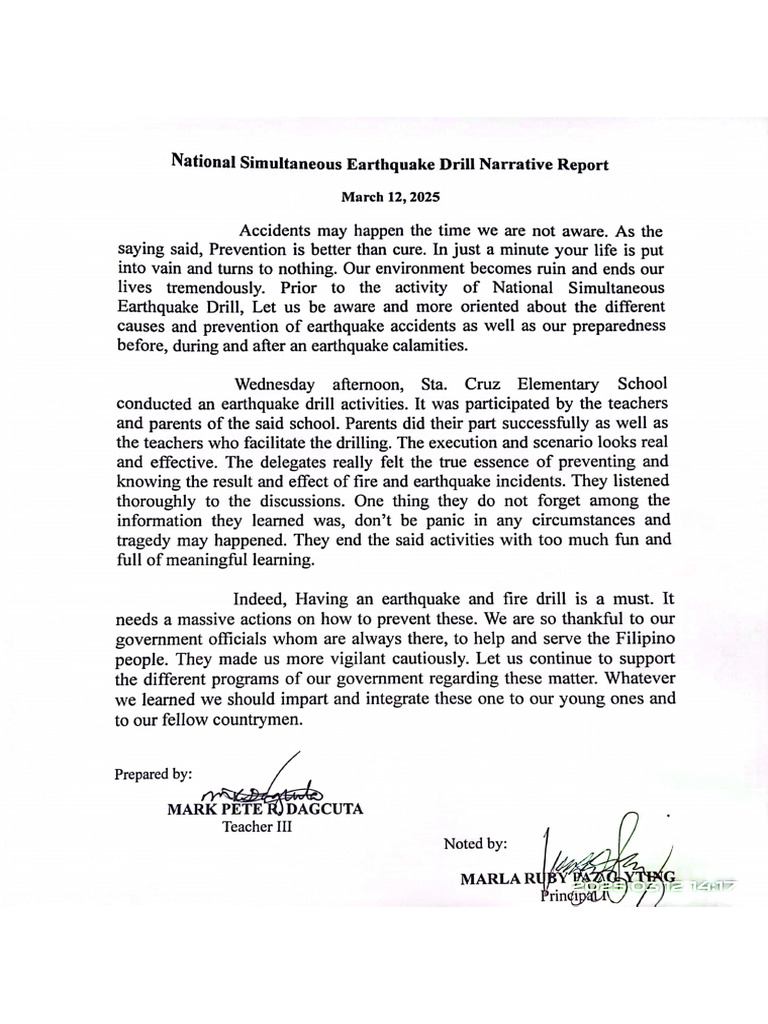 Narrative Report Stacruzes 1stqtr Nsed | PDF