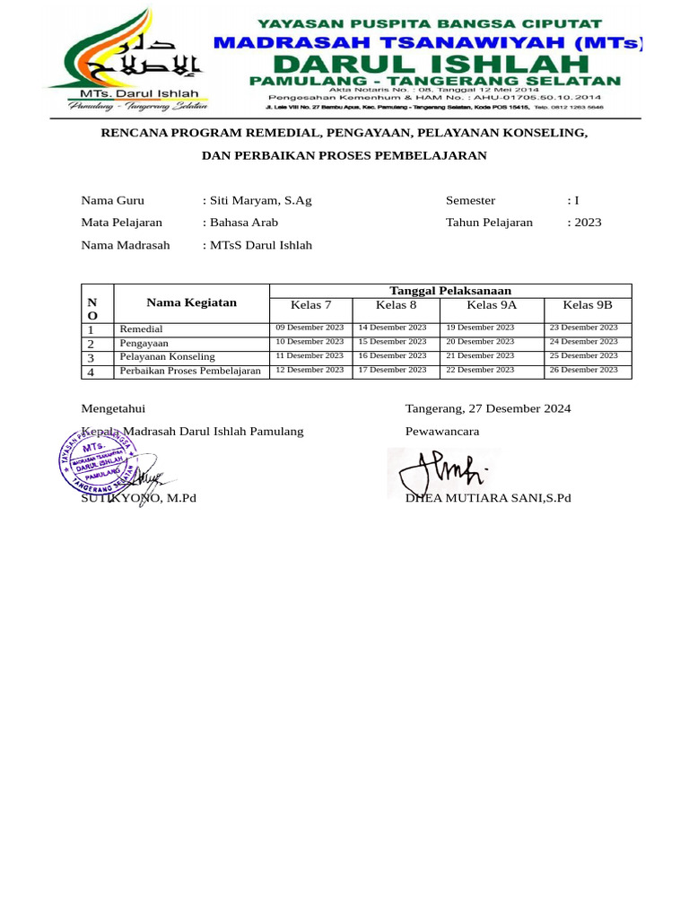 Rencana Program Remedial Pengayaan Dan Bimkos Fix | PDF