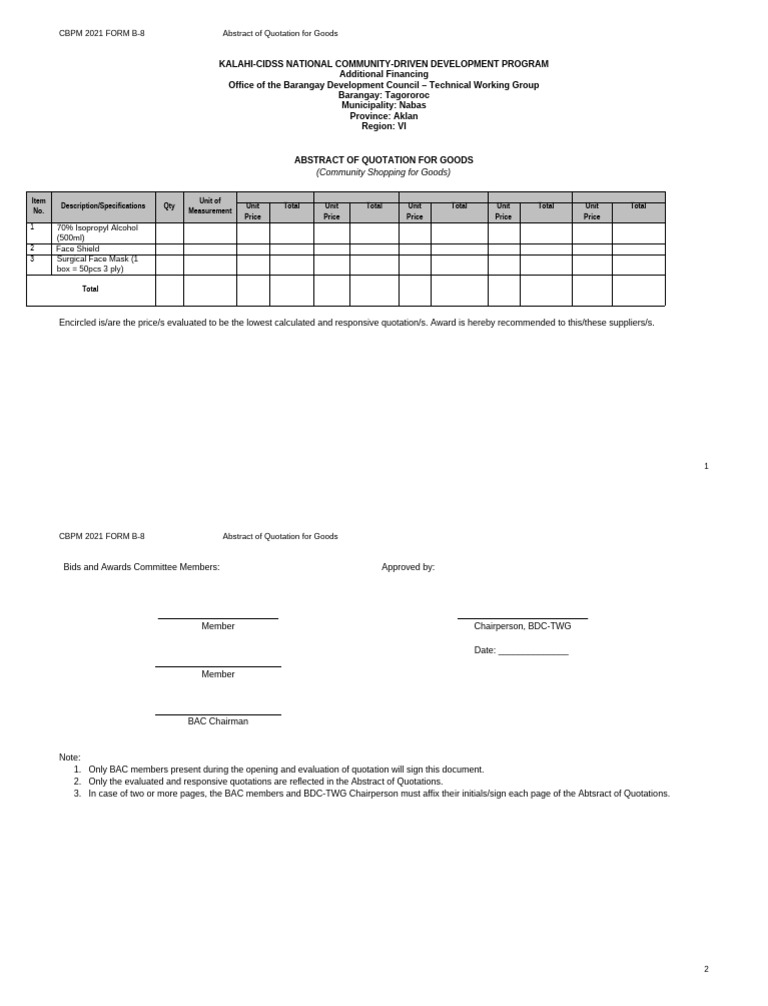 Tagororoc CBPM 2021 Form B-8 - Abstract of Quotation For Goods 3 | PDF