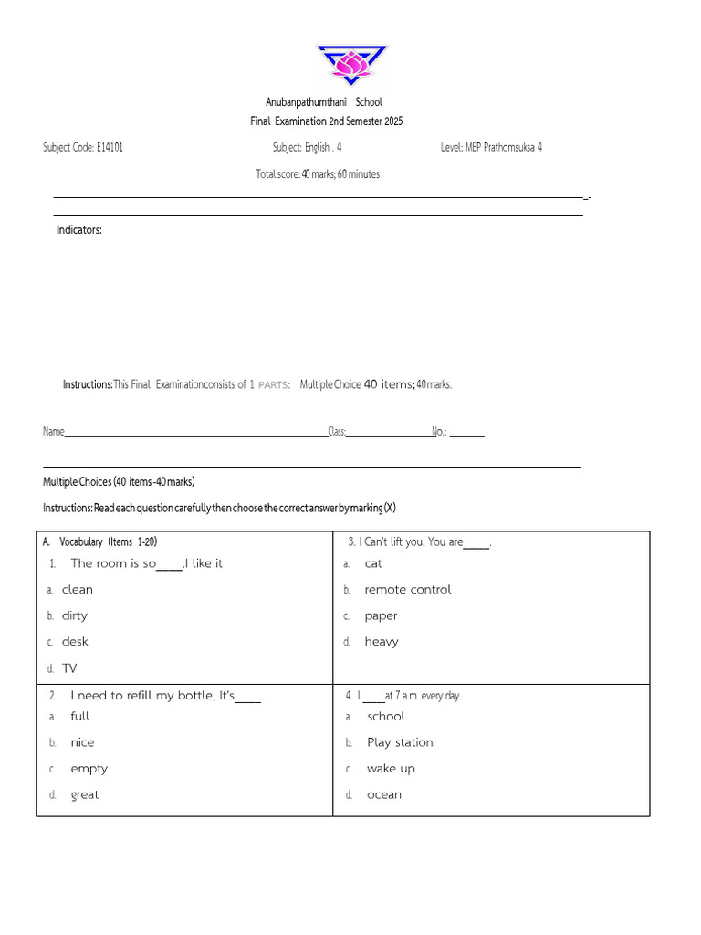 P4English Final Exam Semester 2 | PDF | Multiple Choice