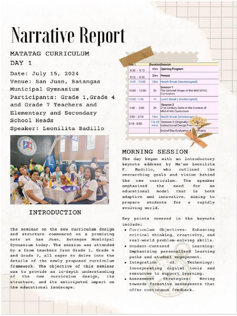 Narrative Report Day 1-5 - Matatag Curriculum | PDF