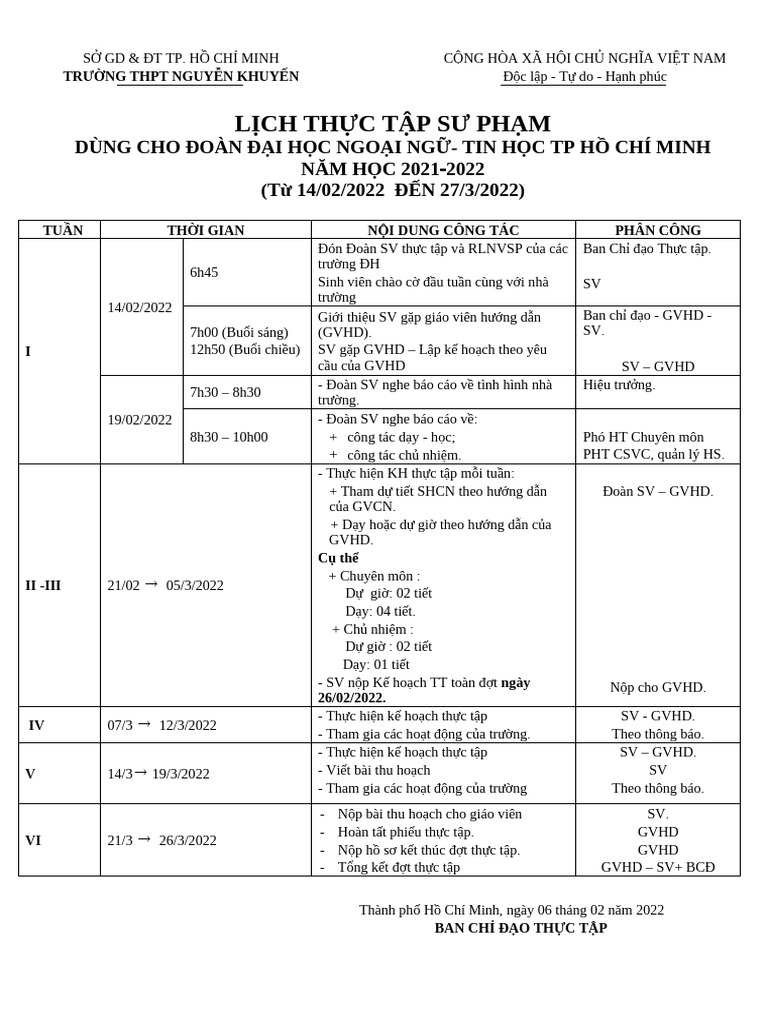 Lich Cong Tac Thuc Tap Su Pham DAI HOC HUFLIT 21-22 | PDF
