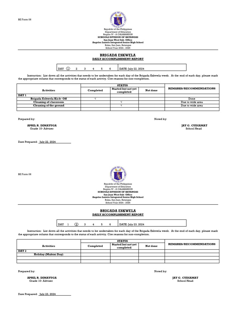 Brigada Eskwela Daily Report 2024 | PDF | Philippines