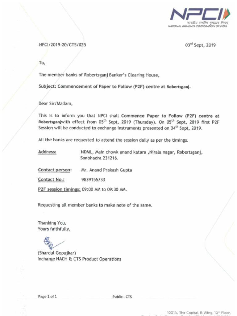 Circular No. 025 - Commencement of P2F at Robertsganj | PDF