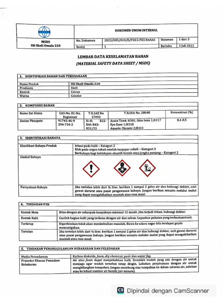 MSDS Oli Shell Omala 220 | PDF