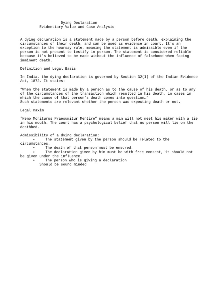 Dying Declaration: Legal Overview | PDF