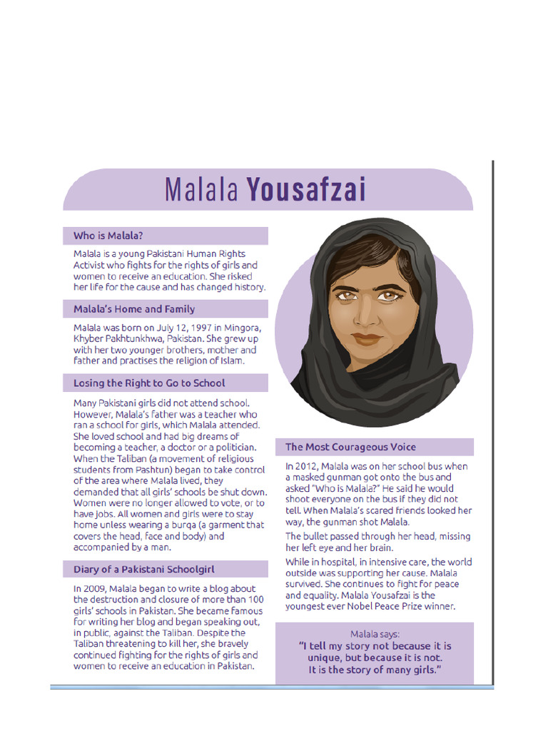 Reading Comprehension Malala Yousafzi Reading Comprehension Exercises ...
