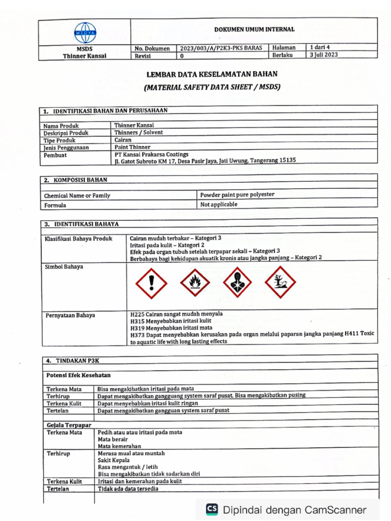 MSDS Thinner Kansai | PDF