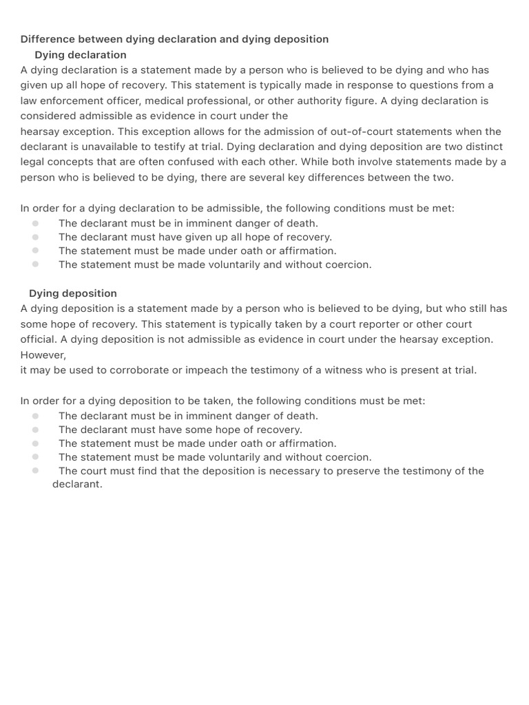 Difference Between Dying Declaration and Dying Deposition | PDF