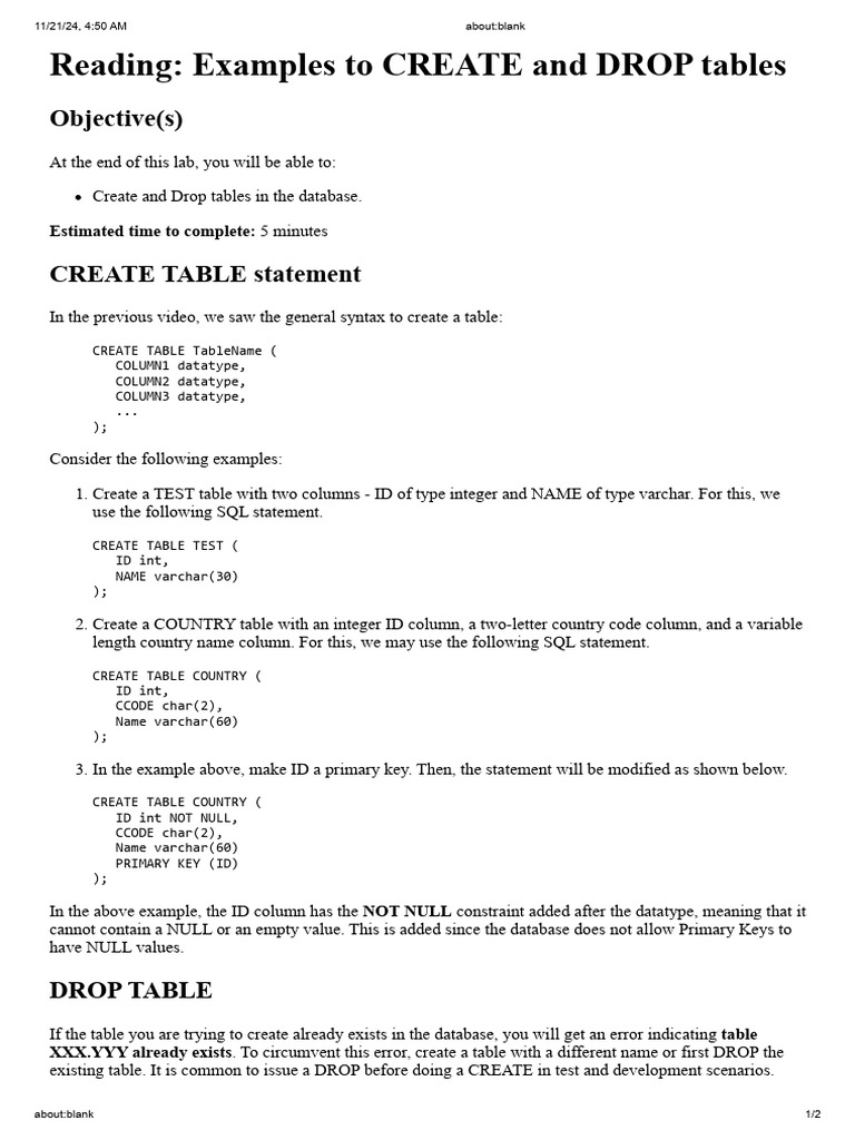 Examples To CREATE and DROP Tables | PDF | Table (Database) | Programming Paradigms
