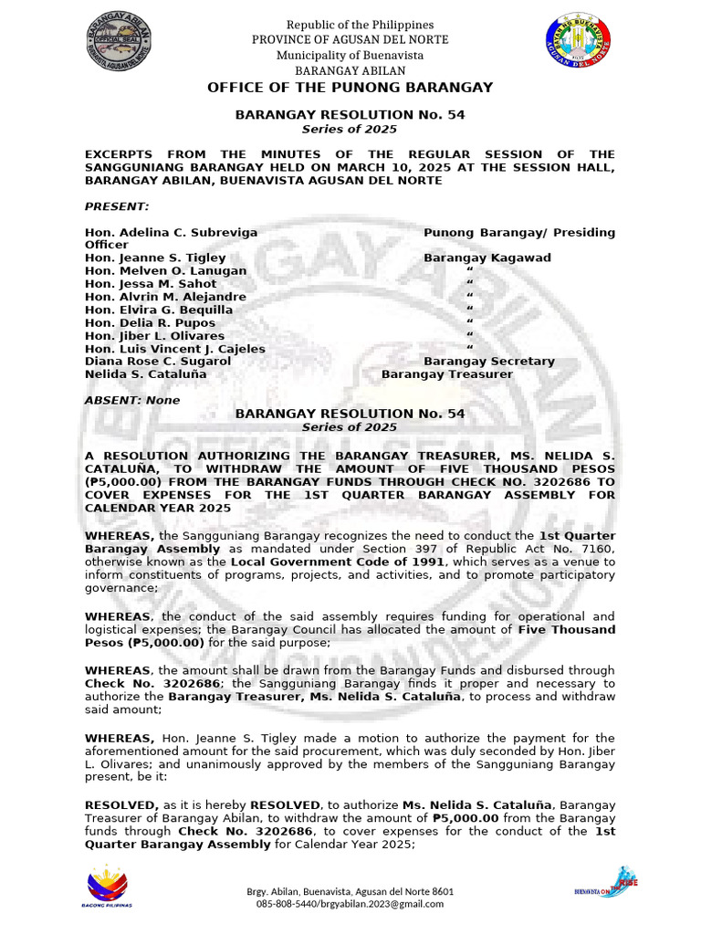 Reso No. 55 Barangay Assembly Redeposit | PDF