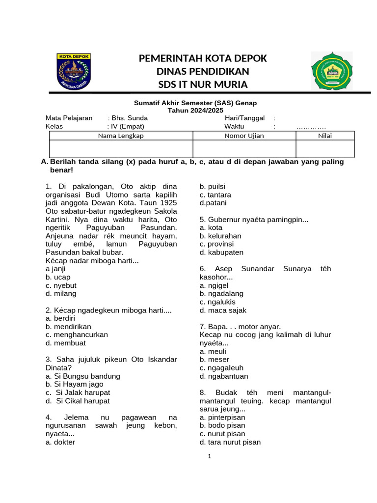 Soal Pat BHS Sunda Kelas Iv Semester 2 | PDF