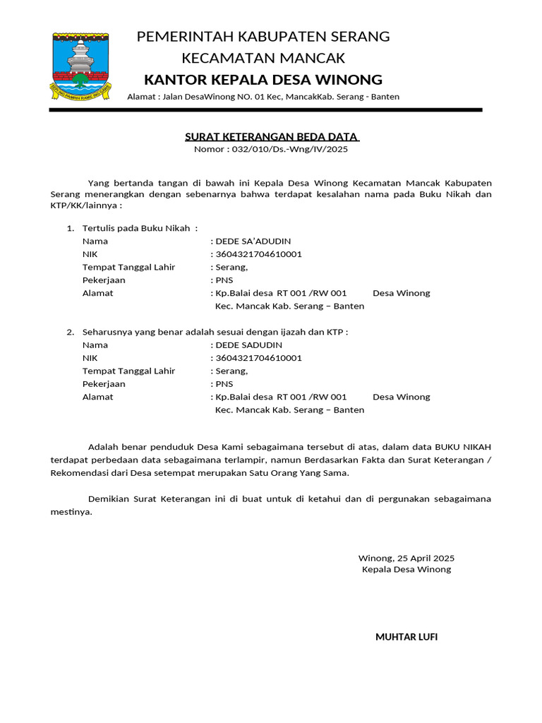 Surat Keterangan Beda Data | PDF